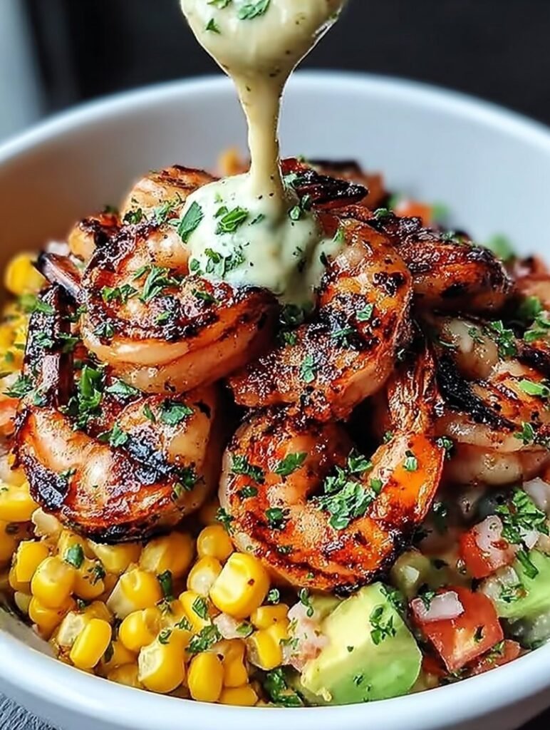 Grilled Shrimp Bowl with Avocado, Corn Salsa & Creamy Garlic Sauce: An ...
